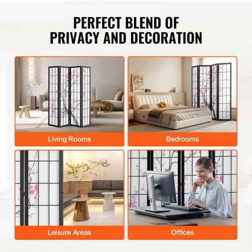 VEVOR Room Divider, 4 Panel Japanese Room Divider Screen, Wood Folding ...