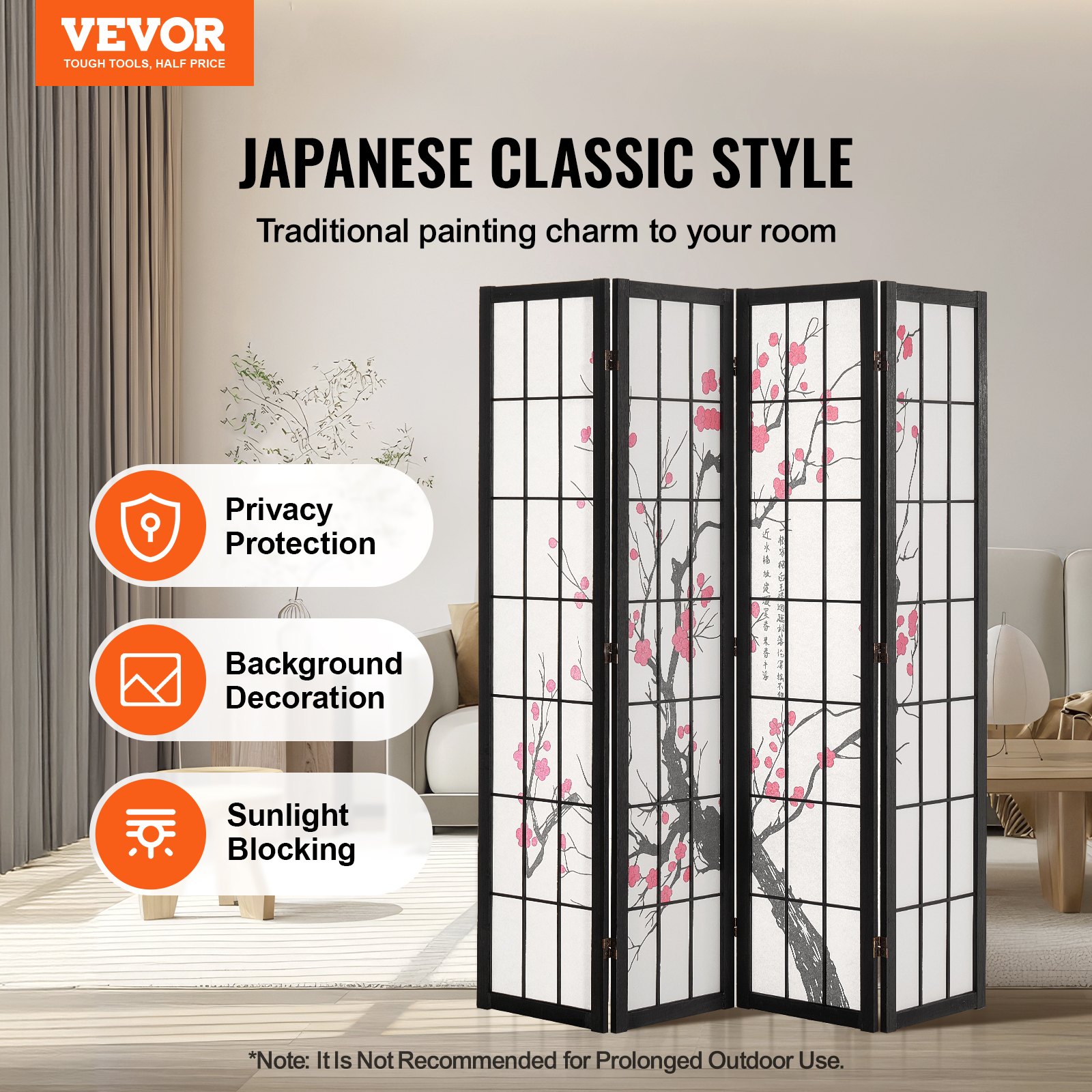 VEVOR Room Divider, 4 Panel Japanese Room Divider Screen, Wood Folding ...