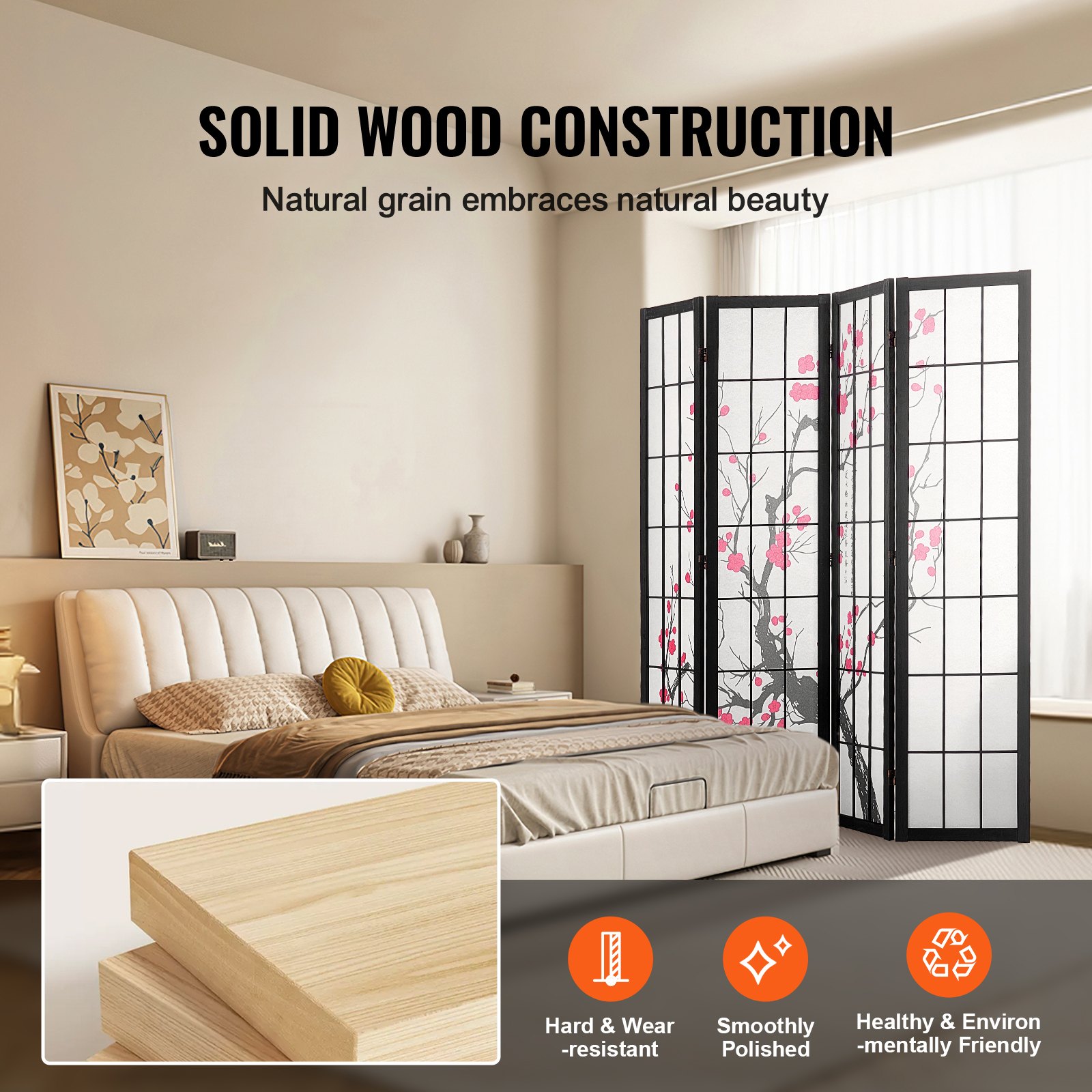 VEVOR Room Divider, 4 Panel Japanese Room Divider Screen, Wood Folding ...