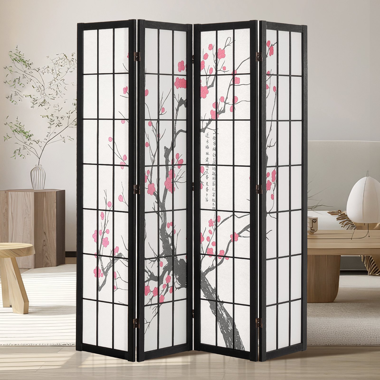 VEVOR Room Divider, 4 Panel Japanese Room Divider Screen, Wood Folding ...