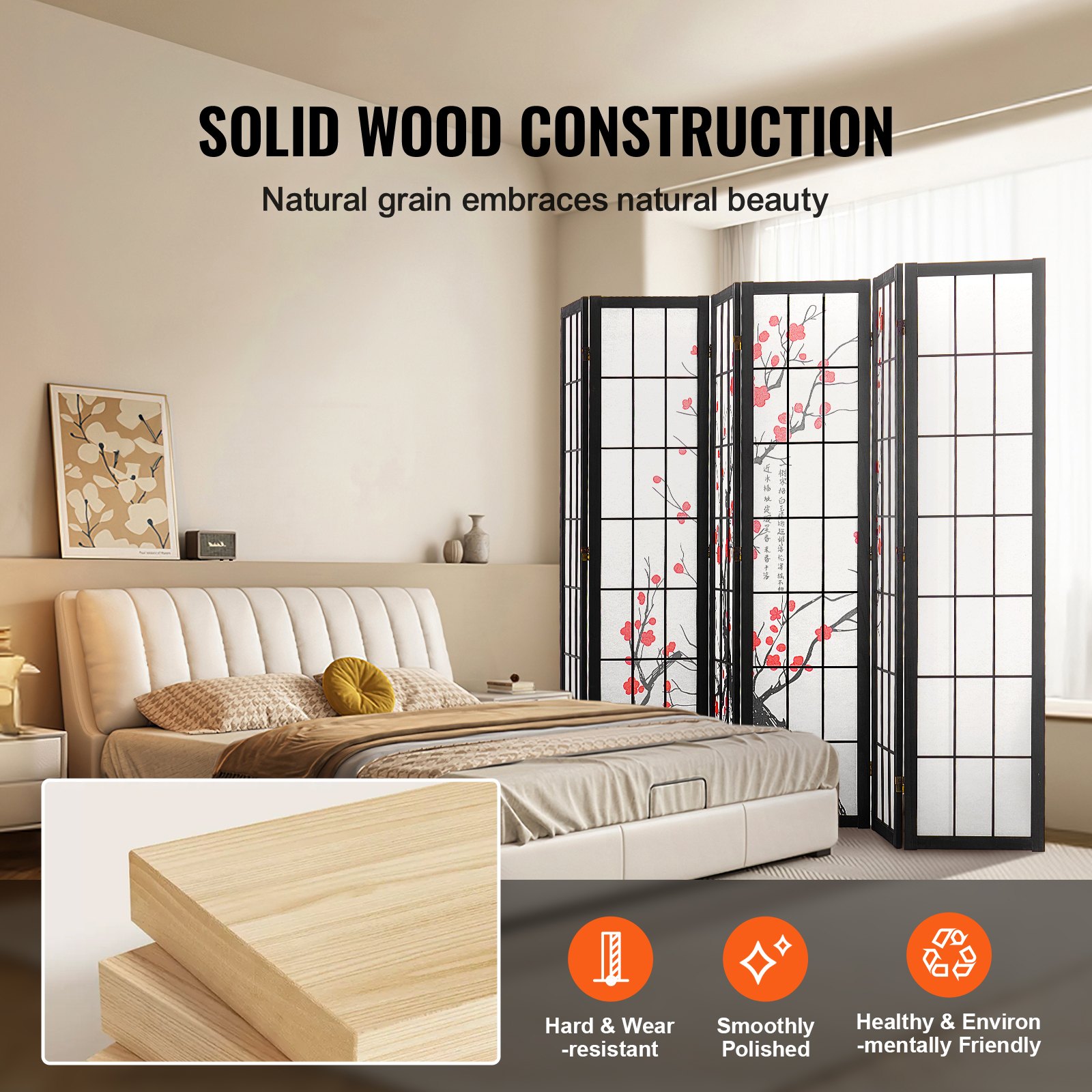 VEVOR Room Divider, 6 Panel Japanese Room Divider Screen, Wood Folding ...