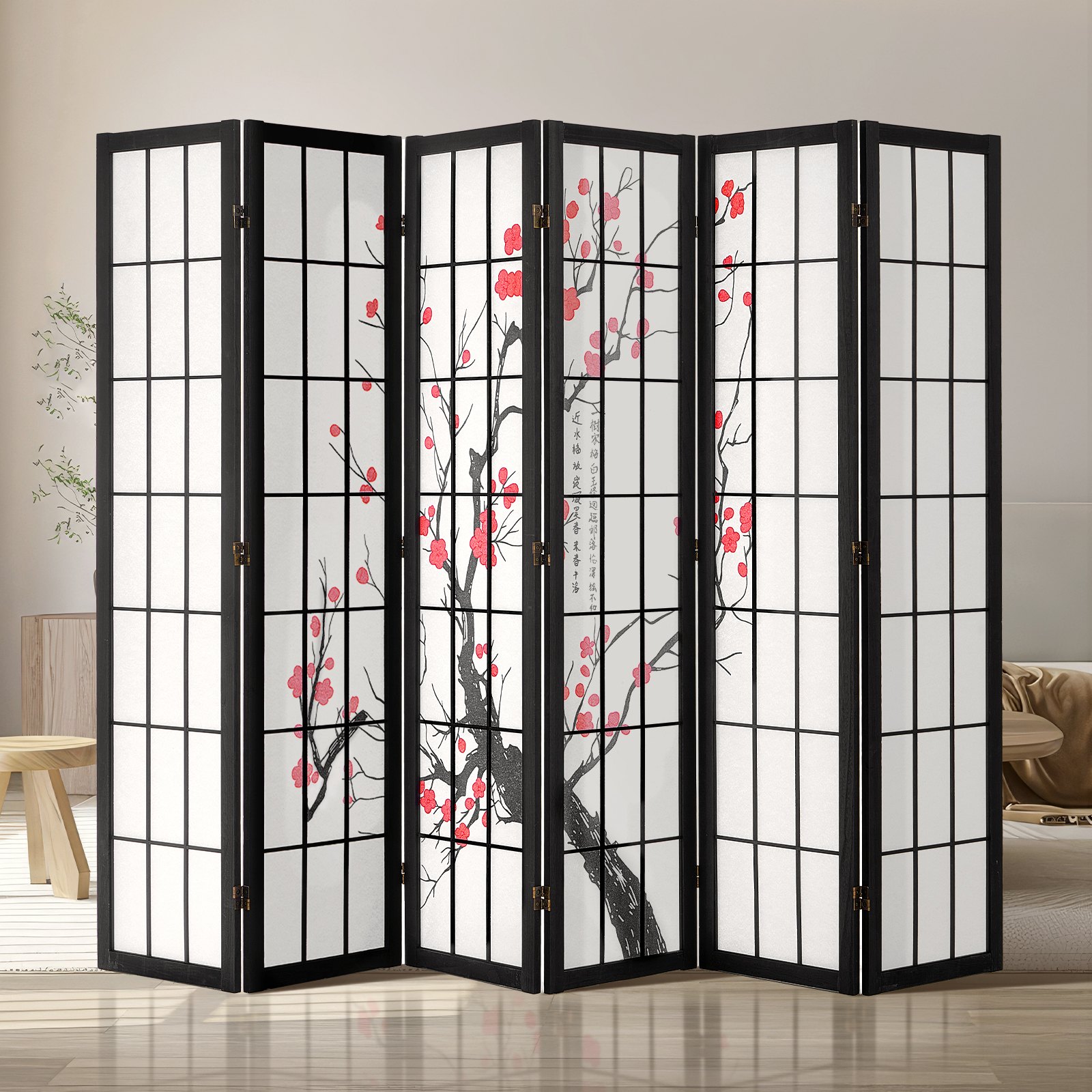 VEVOR Room Divider, 6 Panel Japanese Room Divider Screen, Wood Folding ...