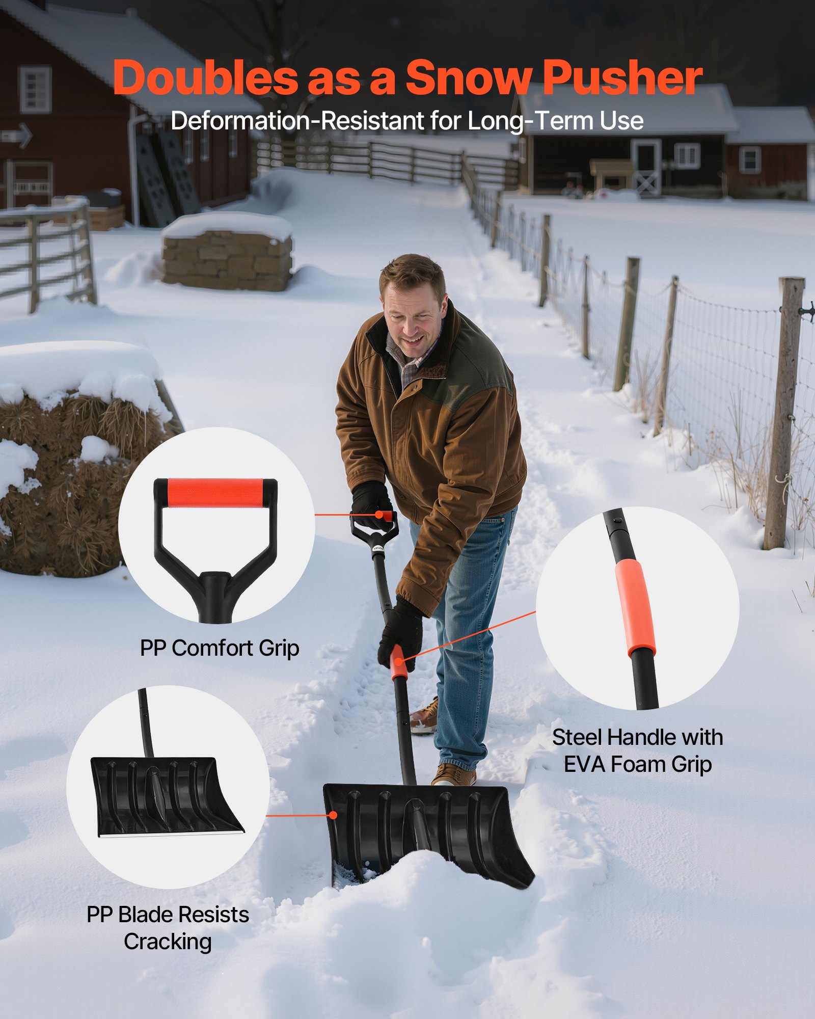 VEVOR Snow Shovel for Driveway, 17 in Wide Plastic Snow Shovel with D ...