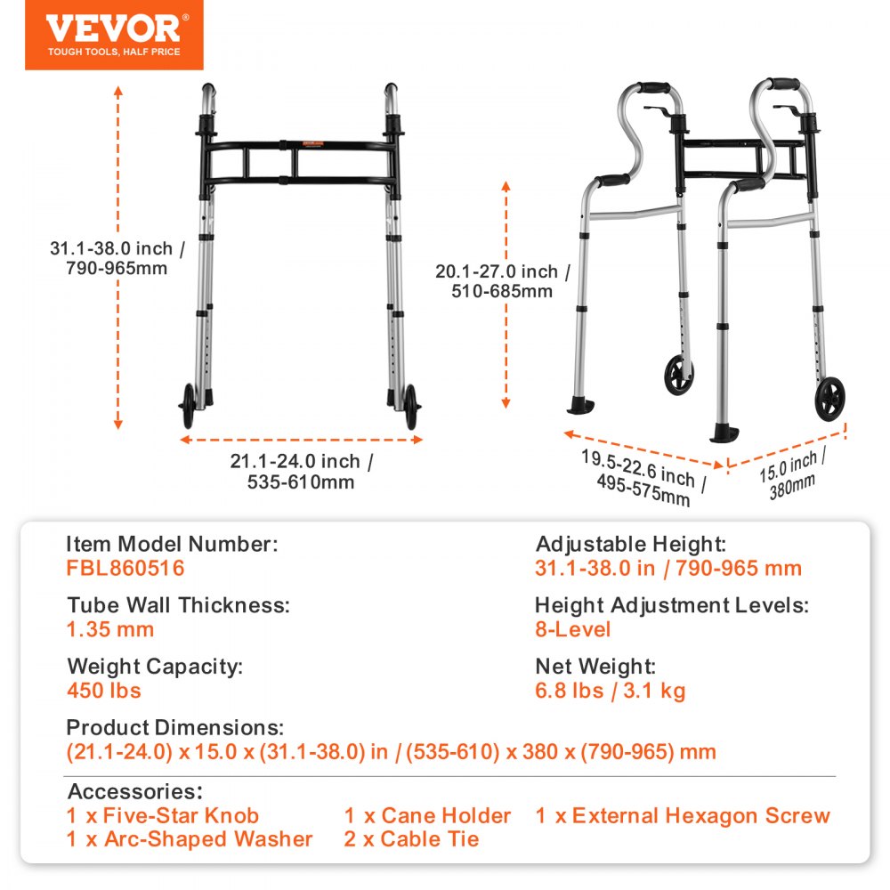 VEVOR Folding Walker Stand-Assist Folding Walkers with Adjustable ...