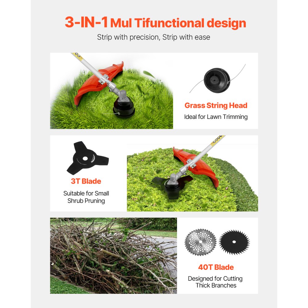 VEVOR String Trimmer, 42.7CC 2-Stroke, Gas Powered Weed Wacker, 16.9 ...