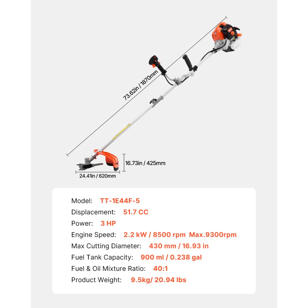 Cordless String Trimmer 16.9" 51.7CC Gas Powered Grass Trimmer | VEVOR US