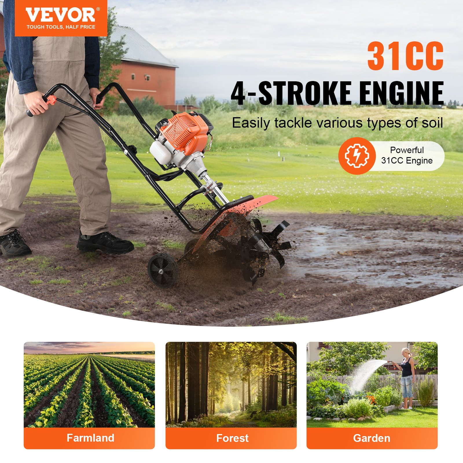 VEVOR Tiller Cultivator, 31CC 4-Stroke Garden Cultivator, Tiller with 4 ...