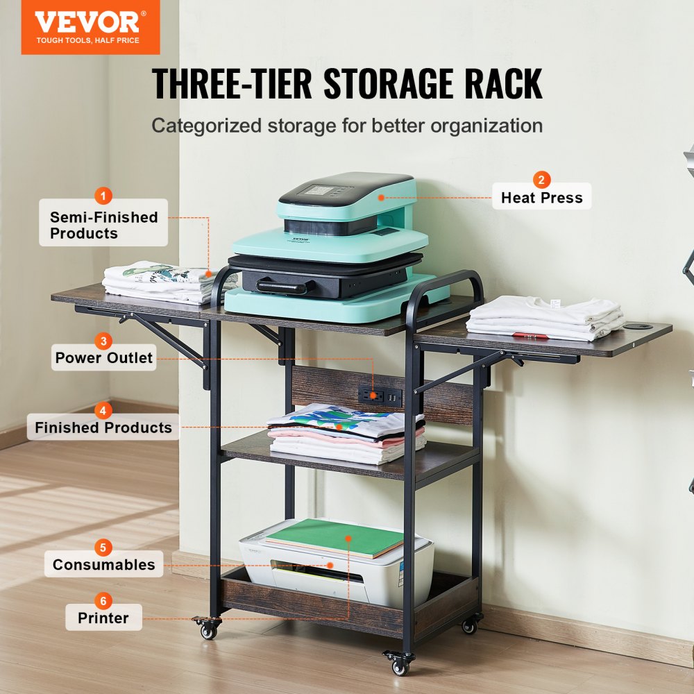 VEVOR Heat Press Table with Charging Station 3 Tier Movable Heat Press ...