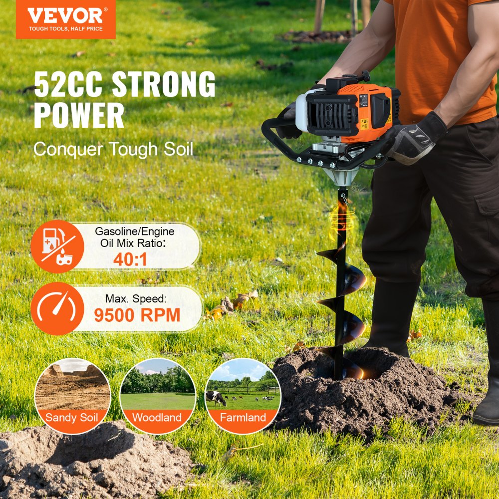 VEVOR Post Hole Digger Gas Powered, 52CC 1450W Earth Auger, Gas Auger ...