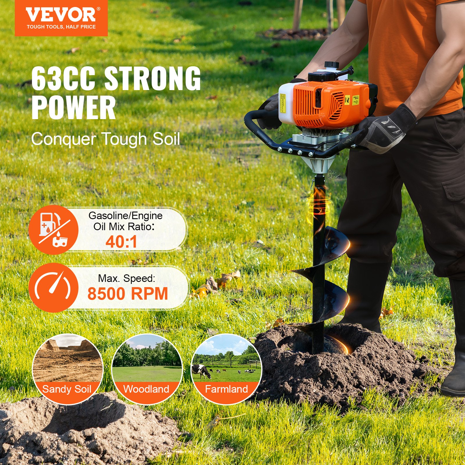 VEVOR 8 Inch Post Hole Digger - 63CC, 2400W Auger Engine