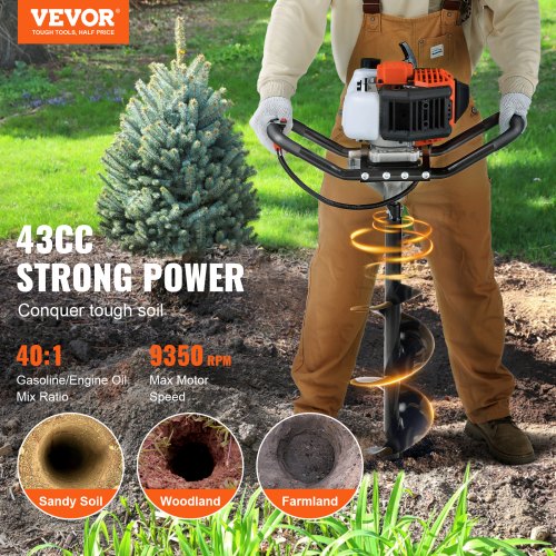 VEVOR Post Hole Digger, 43cc 1250W Auger Post Hole digger, Gas Powered ...