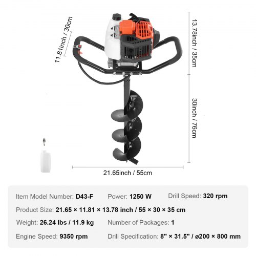 VEVOR Post Hole Digger, 43cc 1250W Auger Post Hole digger, Gas Powered ...