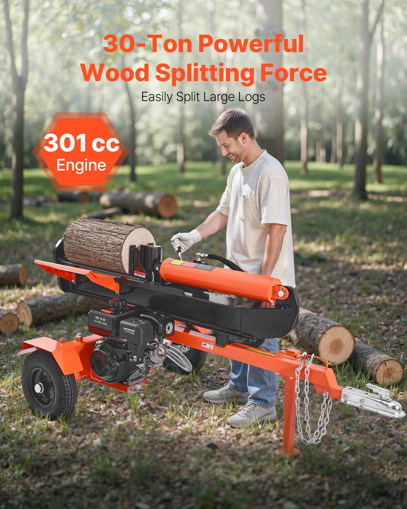 VEVOR 30 Tons Log Splitter, 306CC Engine, Powered Wood Splitter with 2 ...
