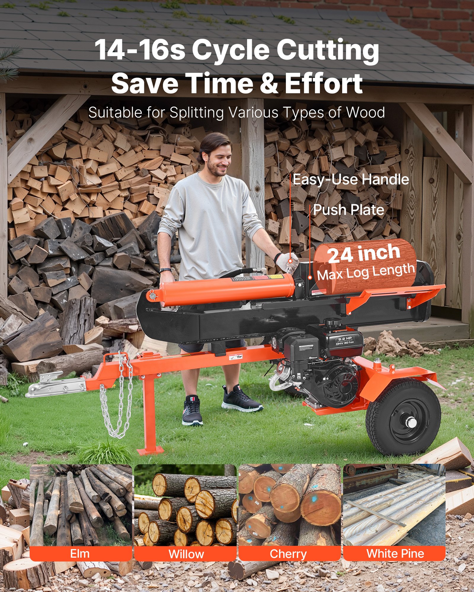 VEVOR 30 Tons Log Splitter, 306CC Engine, Powered Wood Splitter with 2 ...