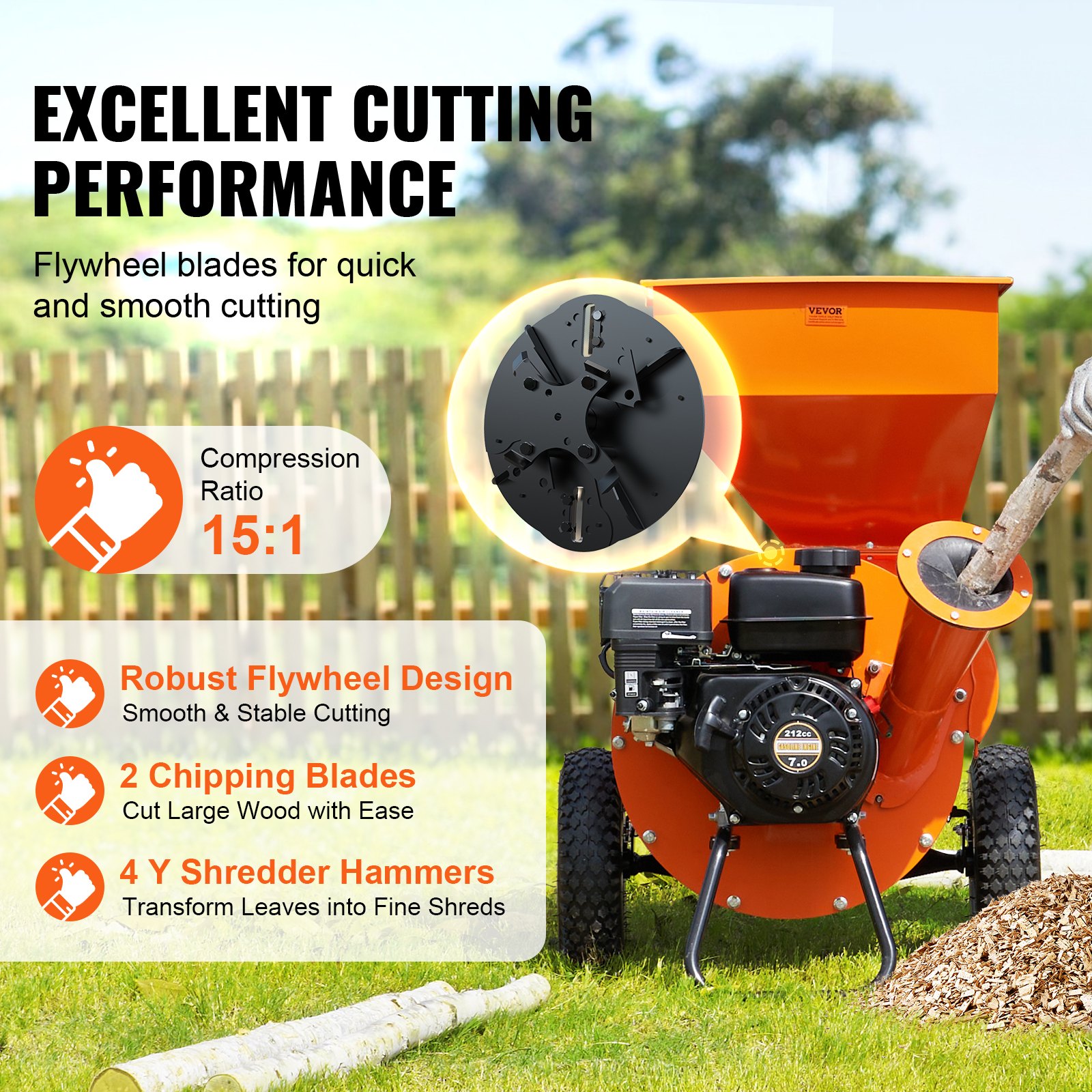 VEVOR Wood Chipper Shredder Mulcher 7HP Heavy Duty Gas Powered 3” 212cc ...