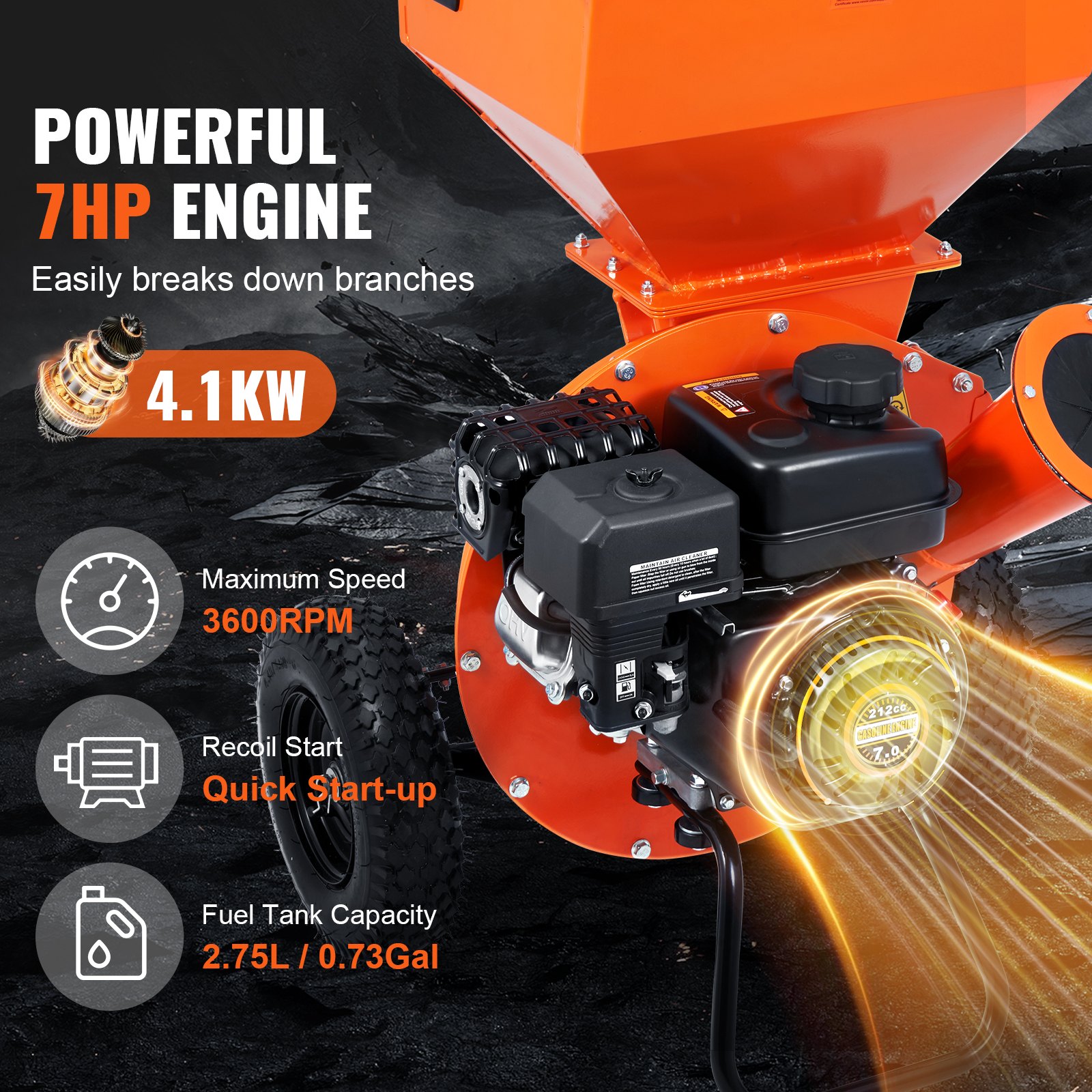 VEVOR Wood Chipper Shredder Mulcher 7HP Heavy Duty Gas Powered 3” 212cc ...