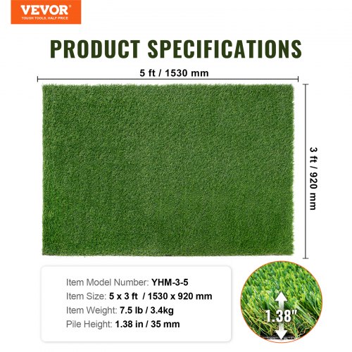 VEVOR Artifical Grass, 3 x 5 ft Rug Green Turf, 1.38" Fake Door Mat ...