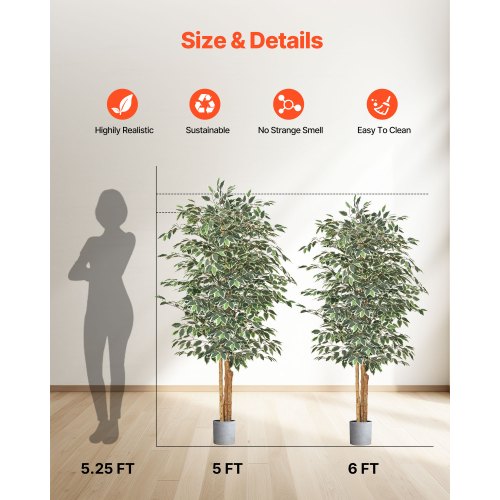 6FT Artificial Ficus Tree Tall Faux Plant with Black Pot for Indoor ...