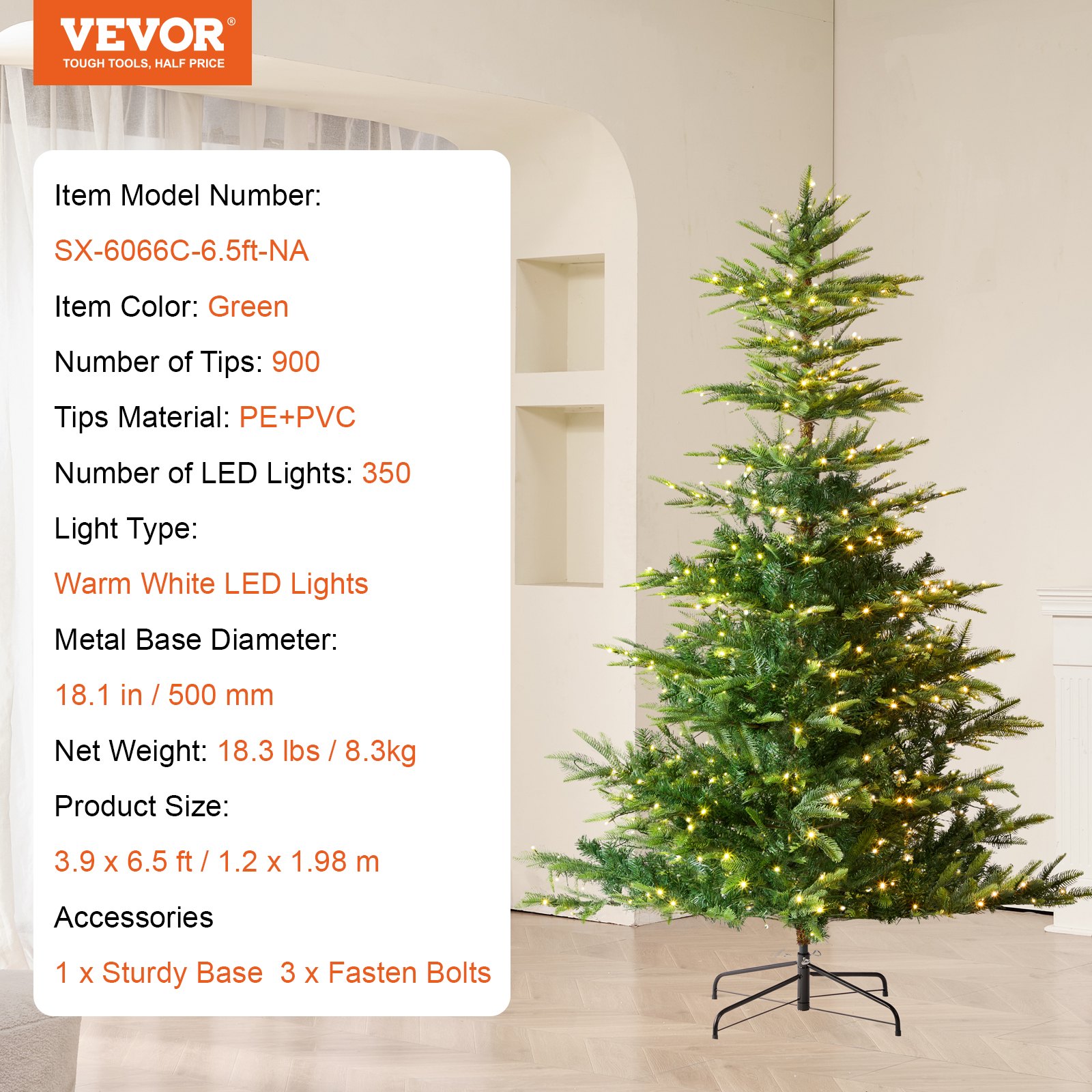 VEVOR Christmas Tree 6.5ft Prelit Artificial Tree with 350 White LEDs ...