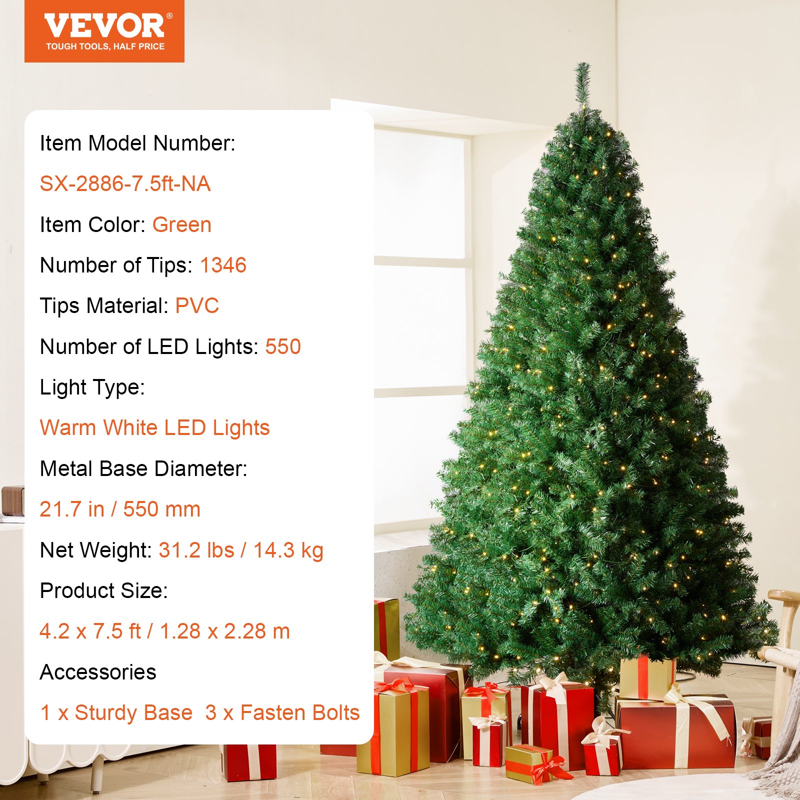 VEVOR Christmas Tree 7.5ft Prelit Artificial Tree with 550 White LEDs ...