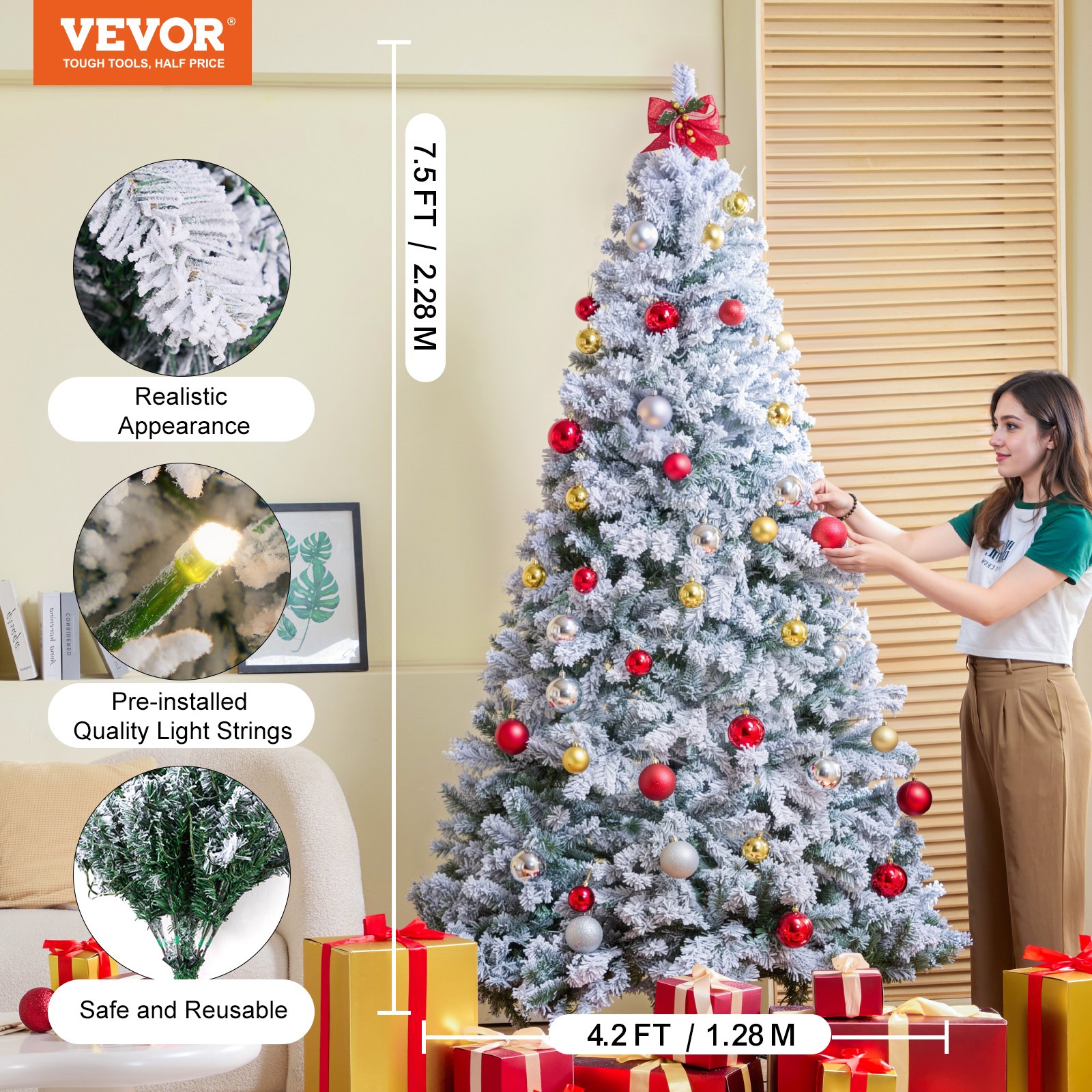VEVOR Christmas Tree 7.5ft Prelit Flocked Xmas Tree with 550 LED Lights ...