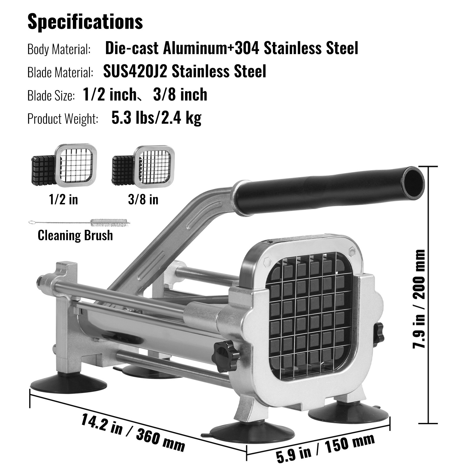 Vevor French Fry Cutter Potato Slicer With 1 2 Inch And 3 8 Inch