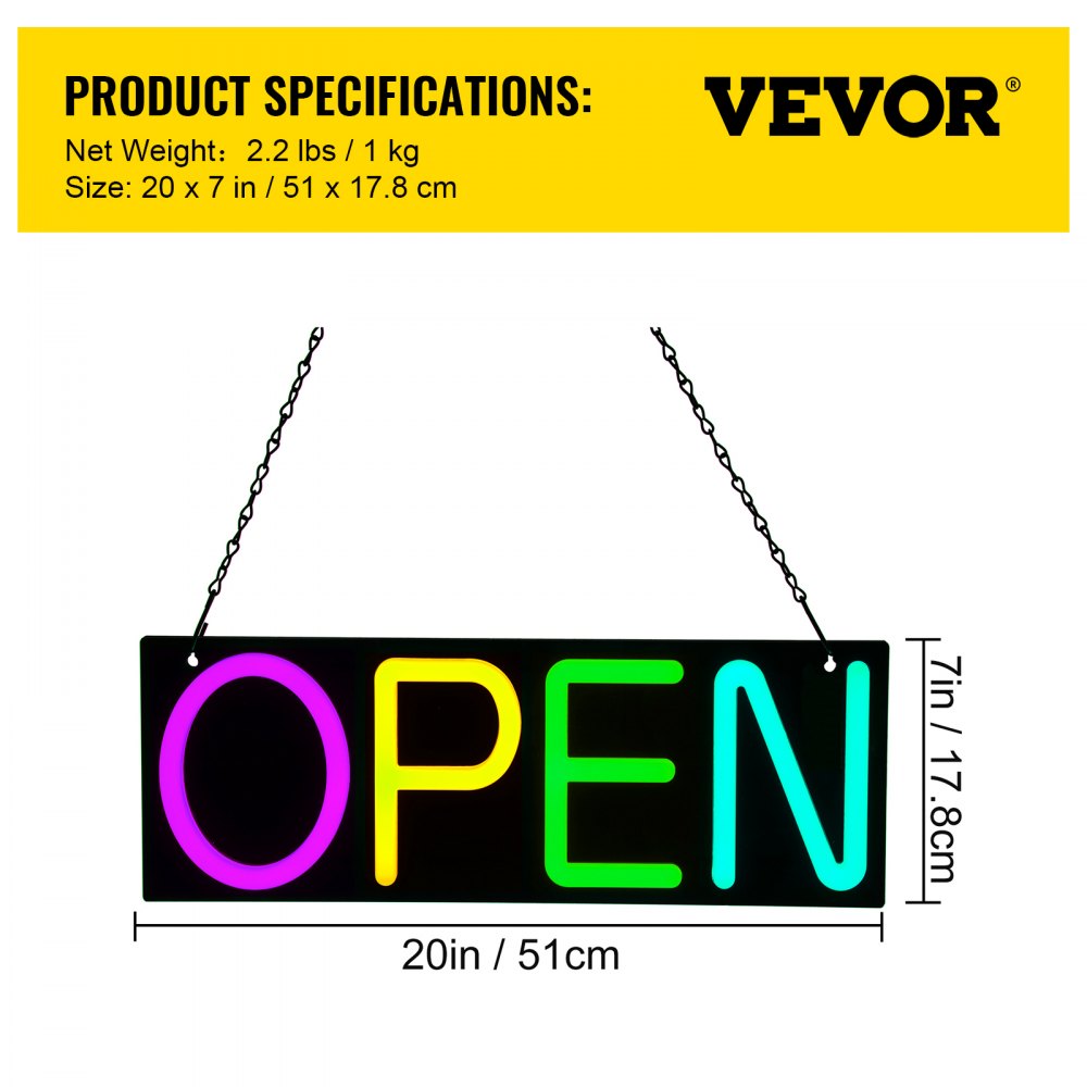 VEVOR LED Open Sign, 20" x 7" Neon Open Sign for Business, Adjustable ...