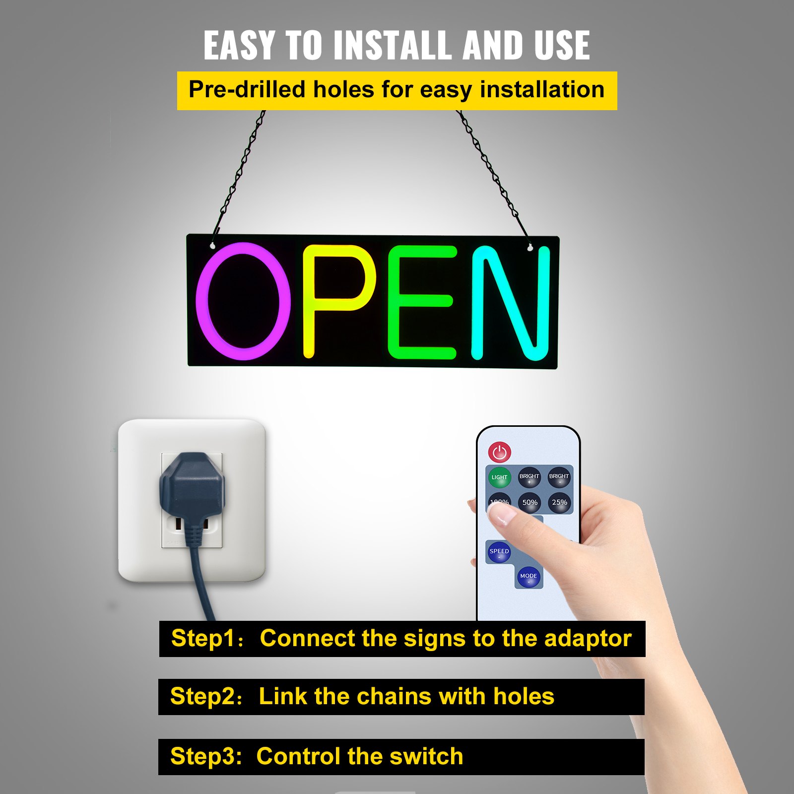 VEVOR LED Open Sign, 20" x 7" Neon Open Sign for Business, Adjustable ...