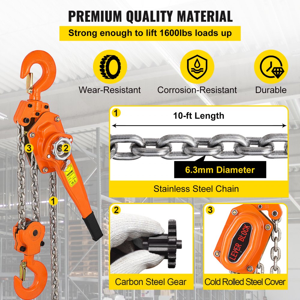 VEVOR Chain Hoist 1650LBS 10 FT Lift Lever Block Chain Hoist 3/4 Ton ...