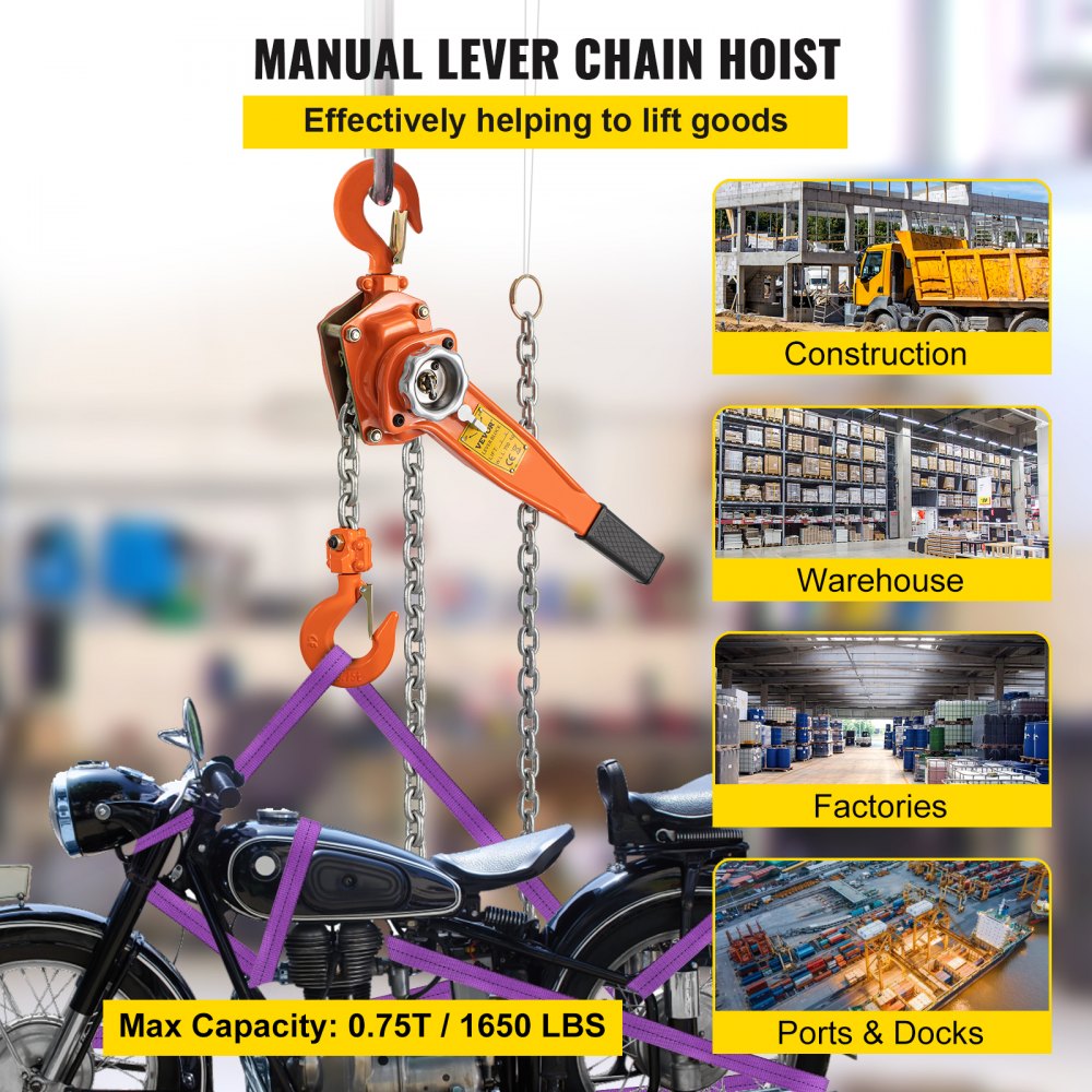 VEVOR Lever Chain Hoist, 0.75Ton 1650lbs Capacity Ratchet Puller with ...