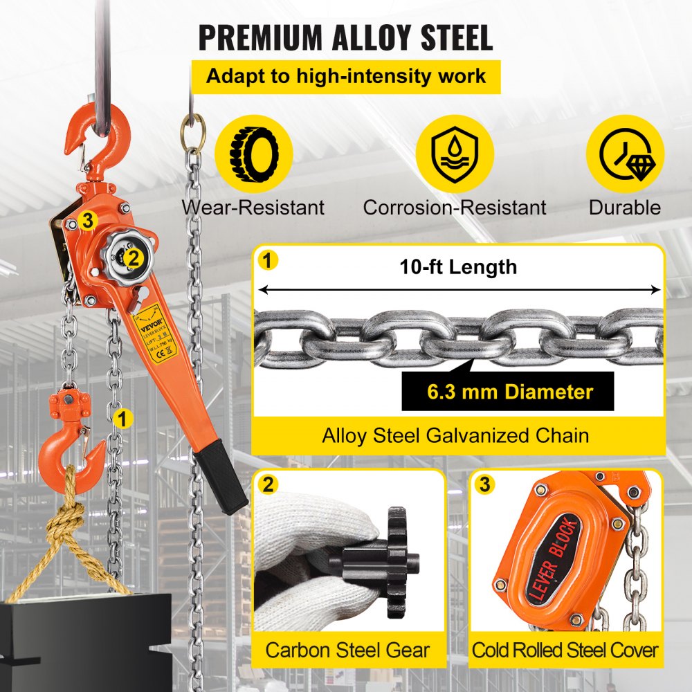 VEVOR Lever Chain Hoist, 0.75Ton 1650lbs Capacity Ratchet Puller with ...