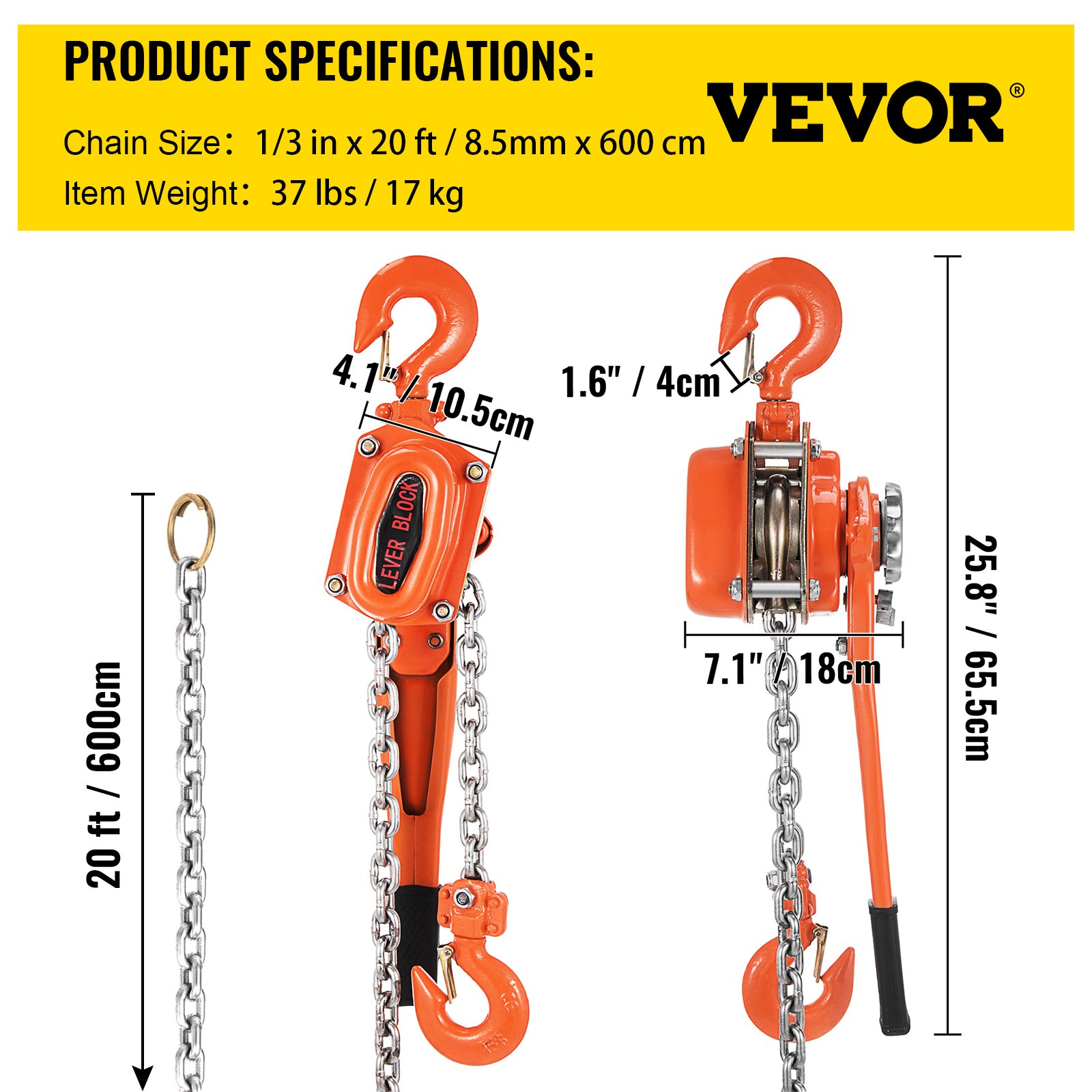VEVOR Lever Chain Hoist, 1.5Ton 3300lbs Capacity Ratchet Puller with ...
