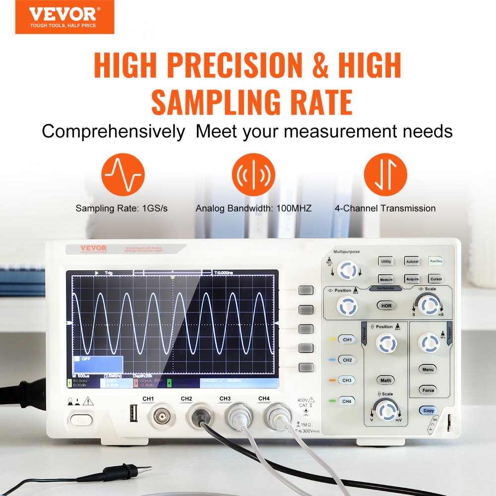 VEVOR Digital Oscilloscope, 1GS/S Sampling Rate, 100MHZ Bandwidth ...