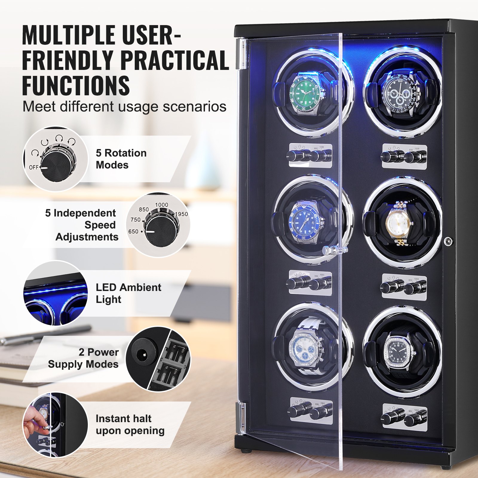 VEVOR Watch Winder, Watch Winder for 6 Men's and Women's Automatic ...