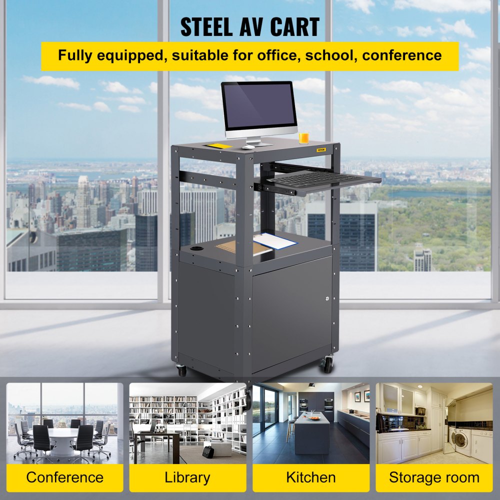 VEVOR Steel AV Cart, 27-41" Height Adjustable, Media Cart with Keyboard ...