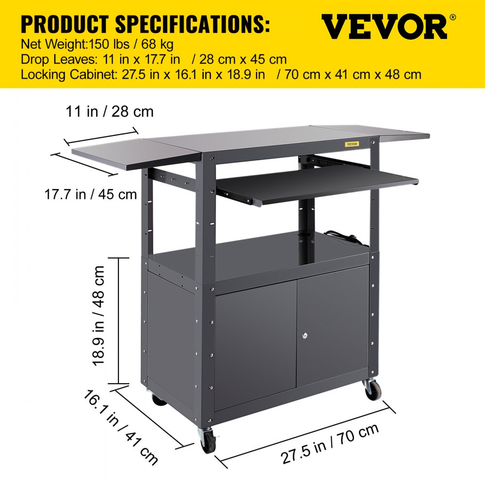 VEVOR AV Cart, 27-41 inch Height Adjustable Media Cart with 2 Drop ...
