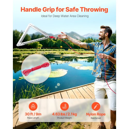 24" Pond Aquatic Weed Rake with Handle 3-Sided Foldable Lake Weed Rake ...