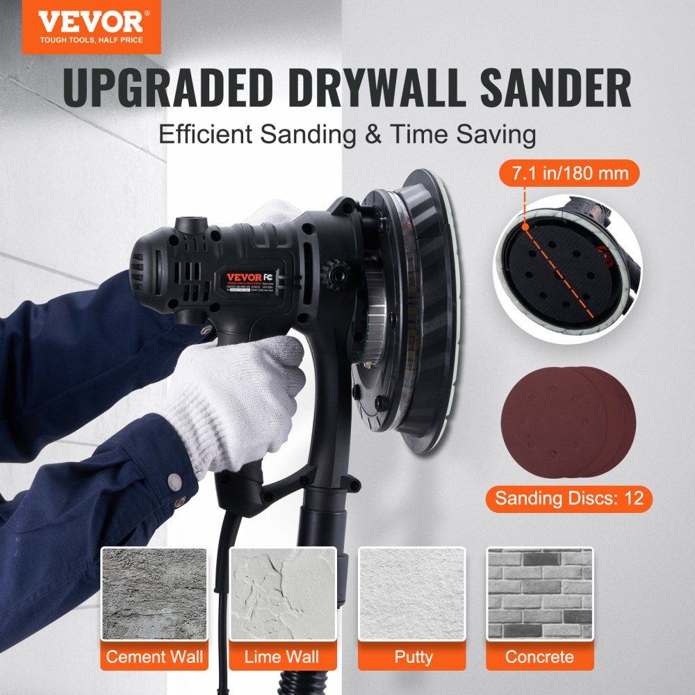 VEVOR Drywall Sander, 800W Electric Sander with 12 Sanding Discs ...