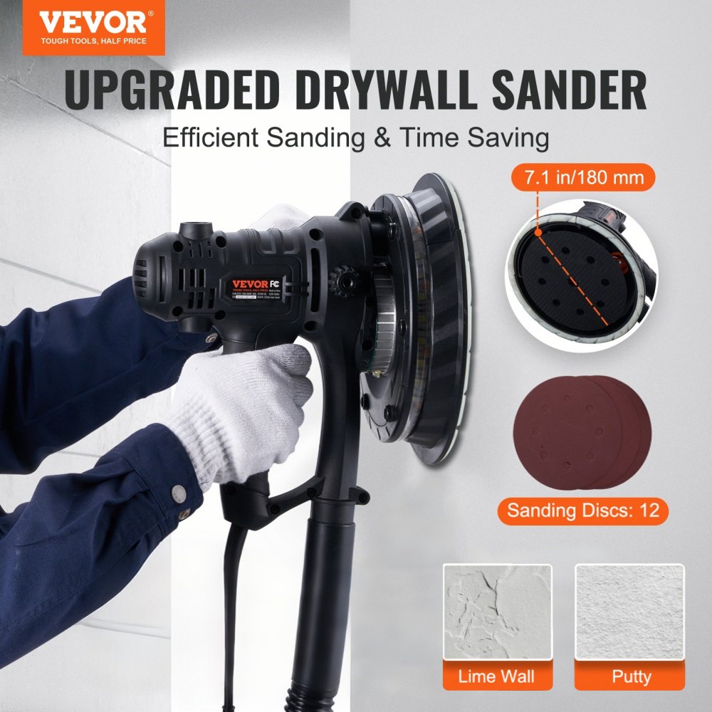 VEVOR Drywall Sander, 800W Electric Sander with 12 Sanding Discs ...