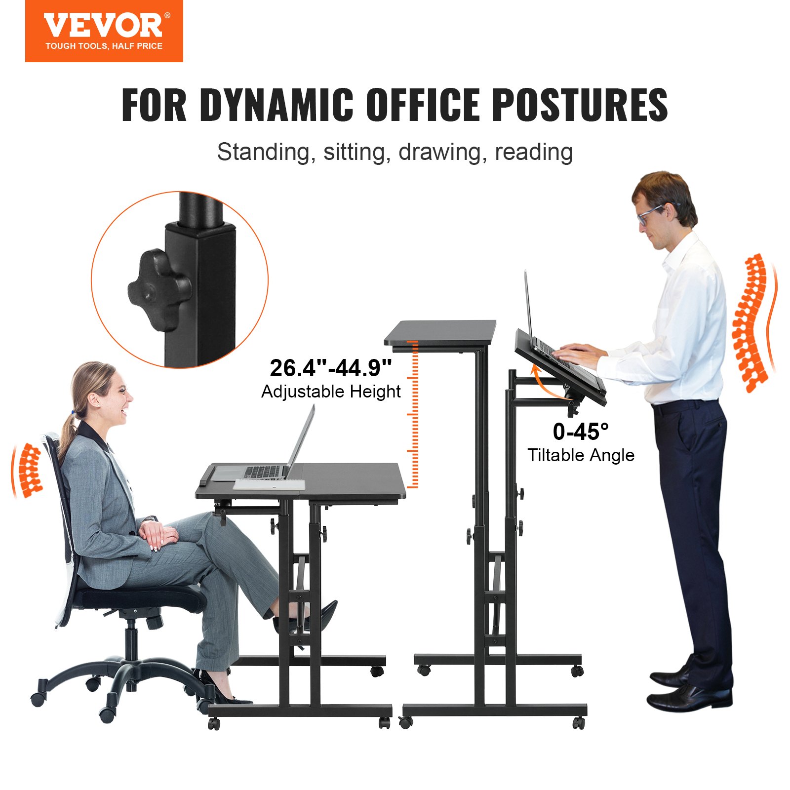 VEVOR Mobile Standing Desk, 26.4"-44.9" Manual Spring Height Adjustable ...