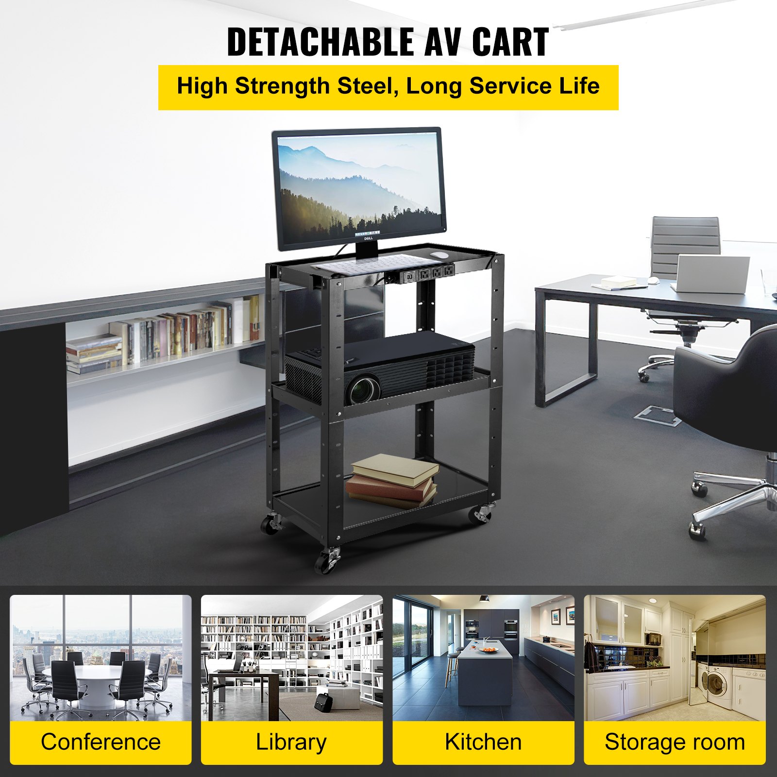 VEVOR Steel AV Cart, 24-42" Height Adjustable Media Cart with Electric ...