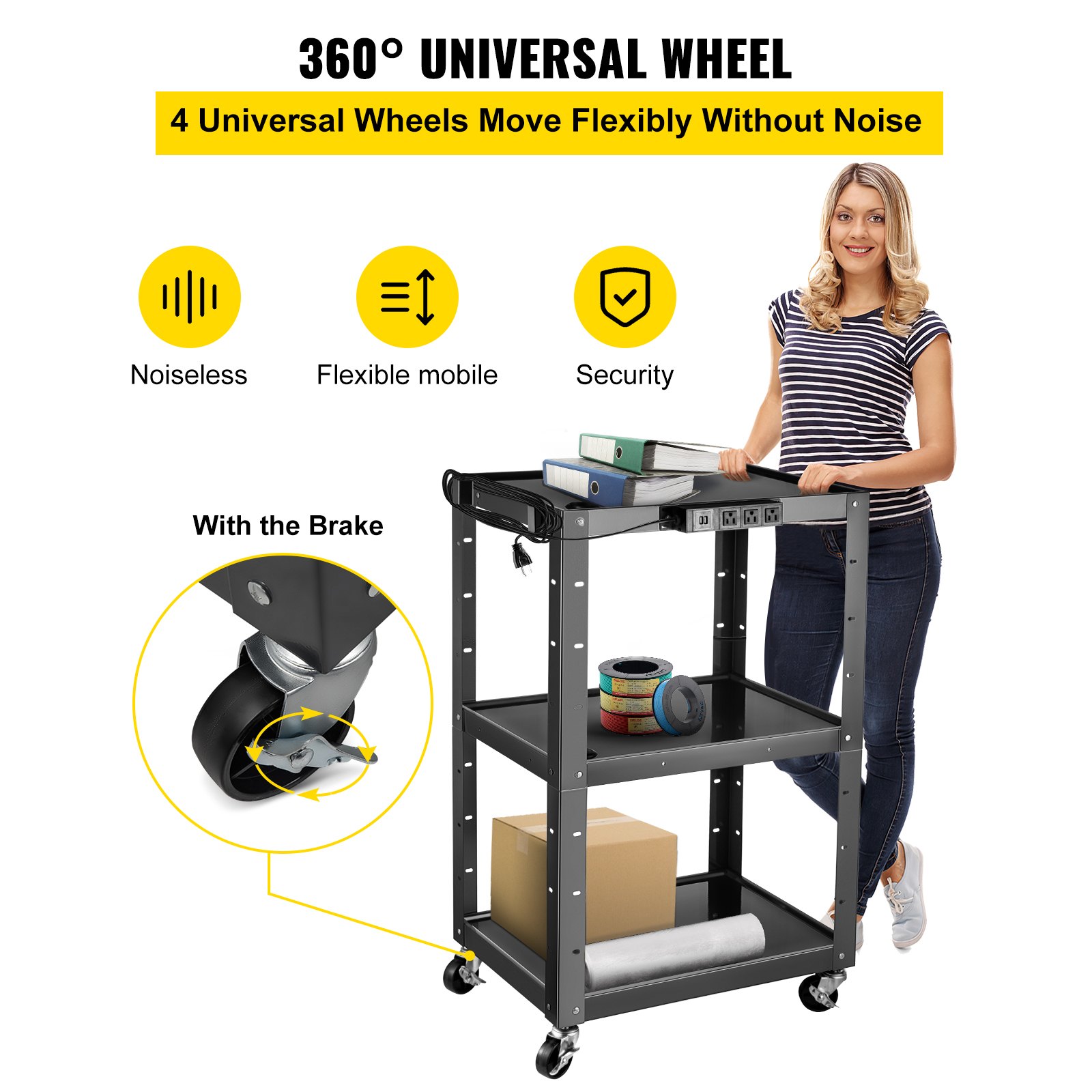 VEVOR Steel AV Cart, 24-42" Height Adjustable Media Cart with Electric ...