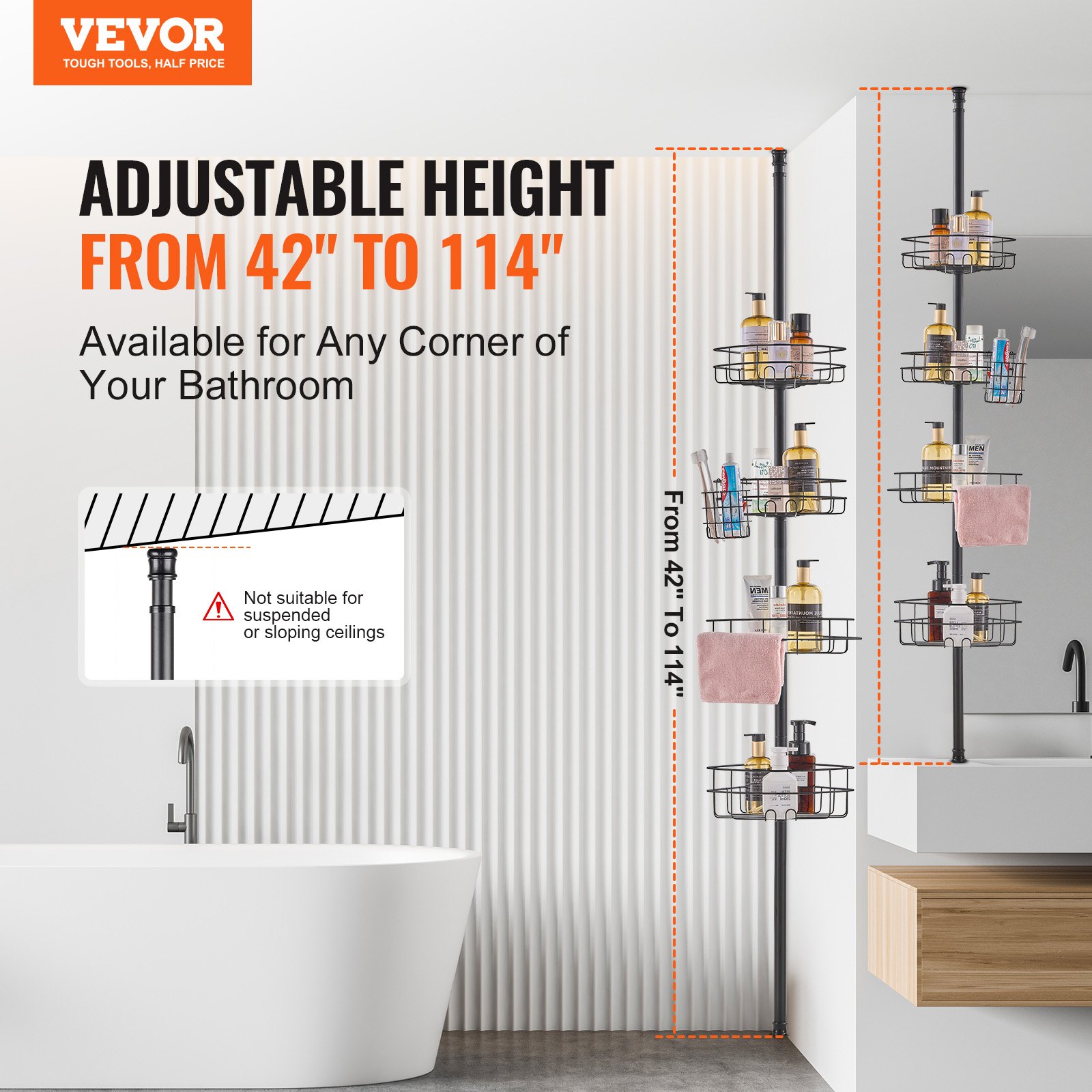 VEVOR Shower Corner Caddy Tension Pole, 42" to 114" High, Multi ...