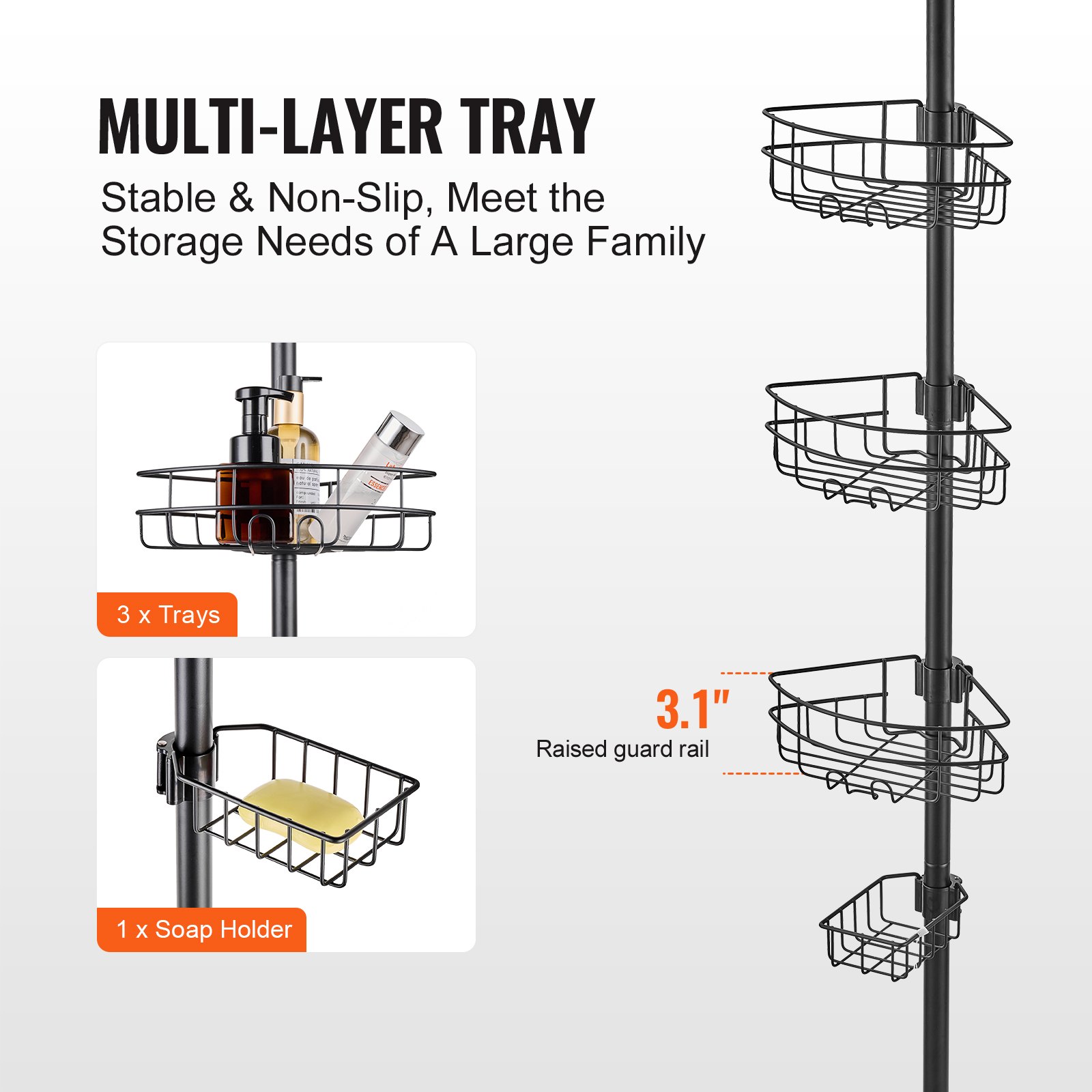 VEVOR 39" to 125" High Shower Corner Caddy Tension Pole Rust-Proof ...