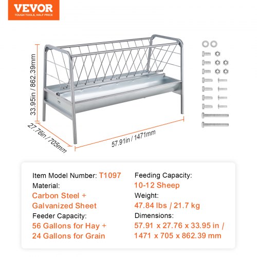 VEVOR Livestock Hay Feeder 2 in 1 Grain & Hay Feeder 80 Gallons for ...