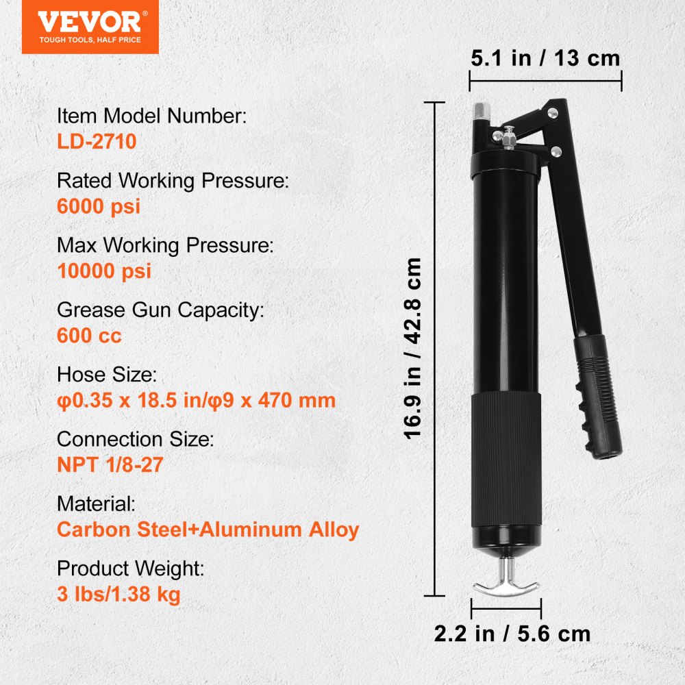 VEVOR Grease Gun, 10000 PSI Max. Working Pressure, 20 OZ / 600 CC ...