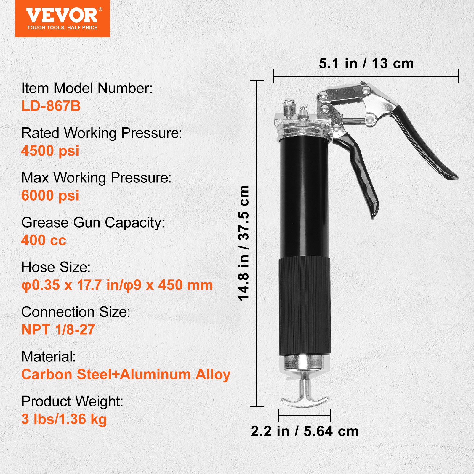 VEVOR Pistol Grip Grease Gun 6000PSI 140z Heavy Duty Manual Grease Gun ...