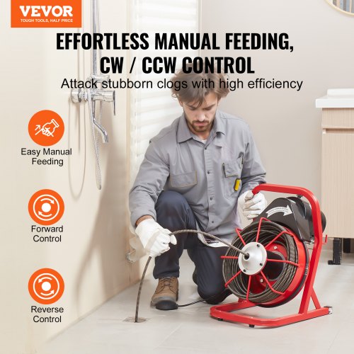 VEVOR Drain Cleaner Machine Drain Auger 75FT x 3/8 Inch Manual Feed & 4 ...