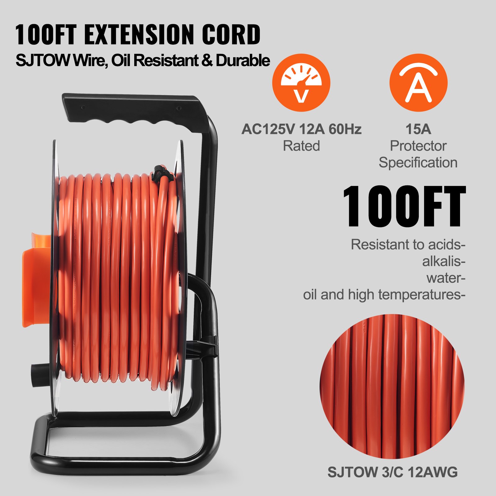 VEVOR Extension Cord Reel, 100FT, with 4 Outlets and Dust Cover, Heavy ...