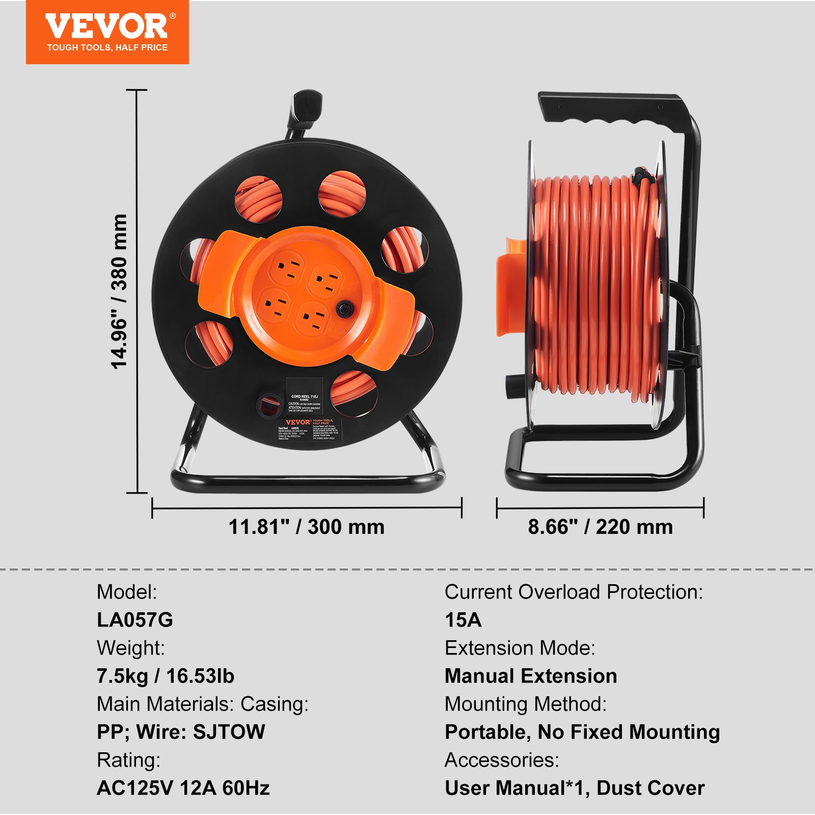 VEVOR Extension Cord Reel, 100FT, with 4 Outlets and Dust Cover, Heavy ...